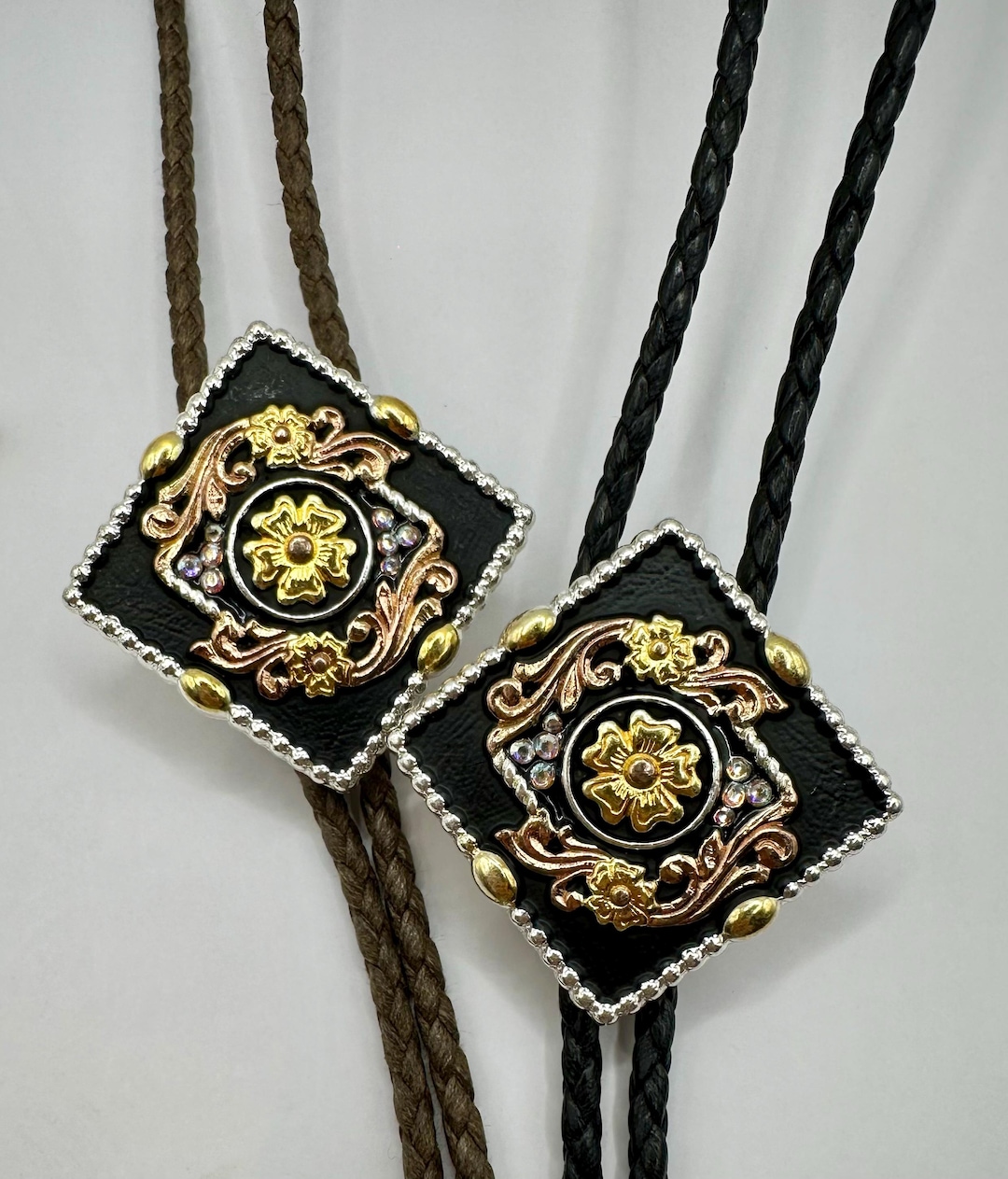 Silver and Gold Floral Western Bolo Tie, Rope Handmade Necktie ...