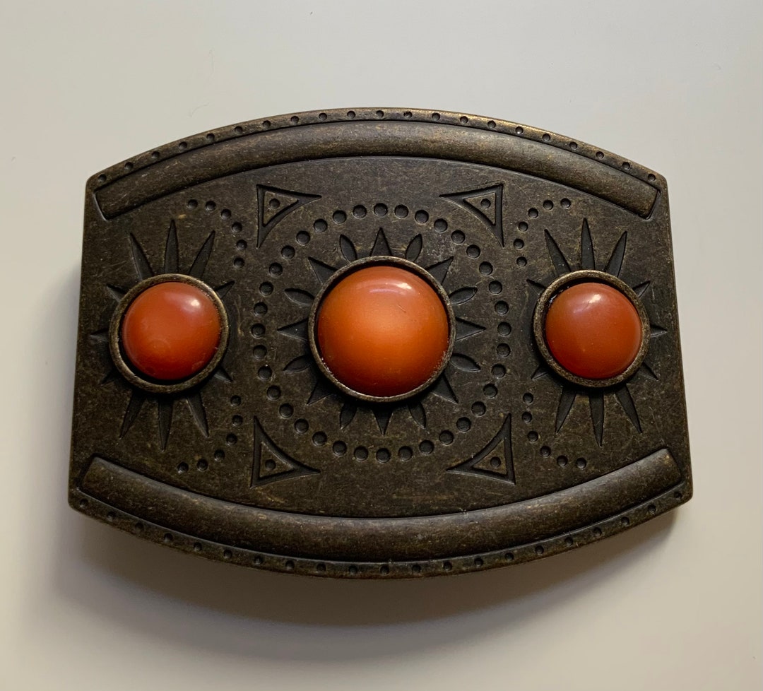 Spanish Made Vintage Rounded Rectangular Belt Buckle With Orange Faux ...