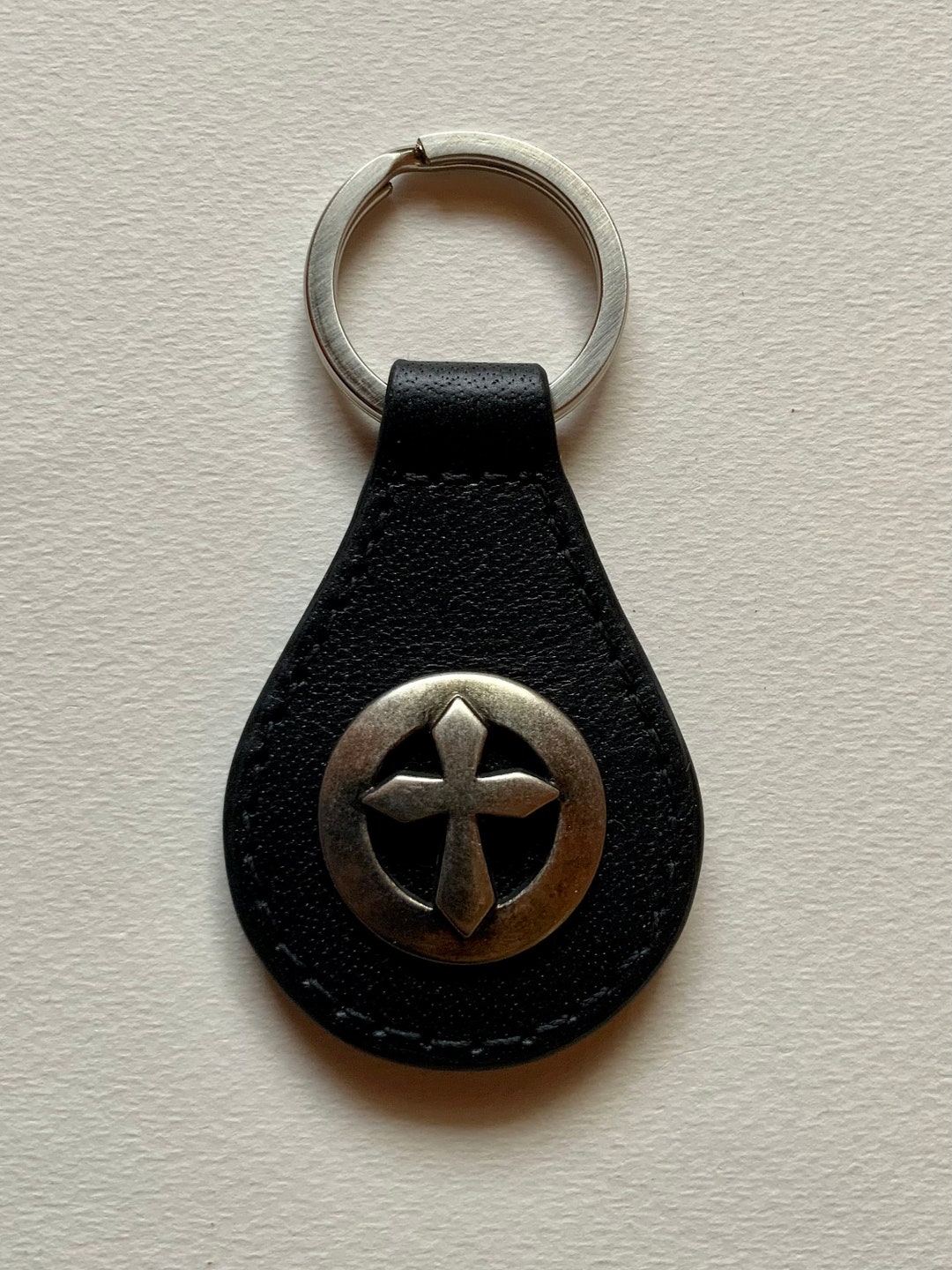 Vintage Genuine Leather Keychain Vintage Cross Circle Concho Silver Key ...