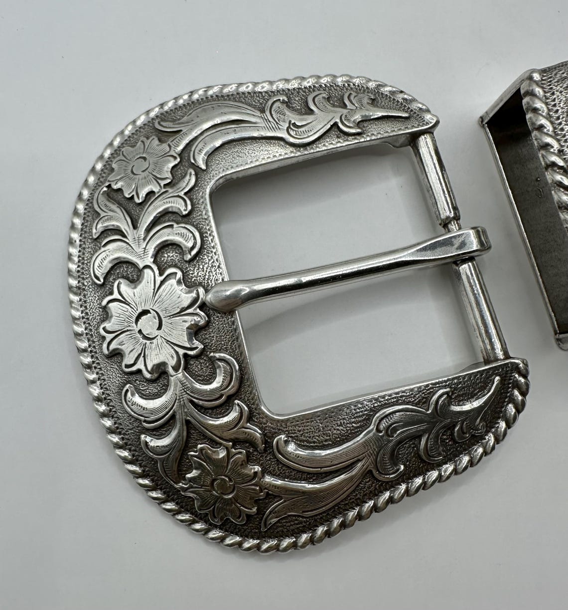 Classic Western 3 Piece Belt Buckle Set, Floral and Vine Design, Cowboy ...