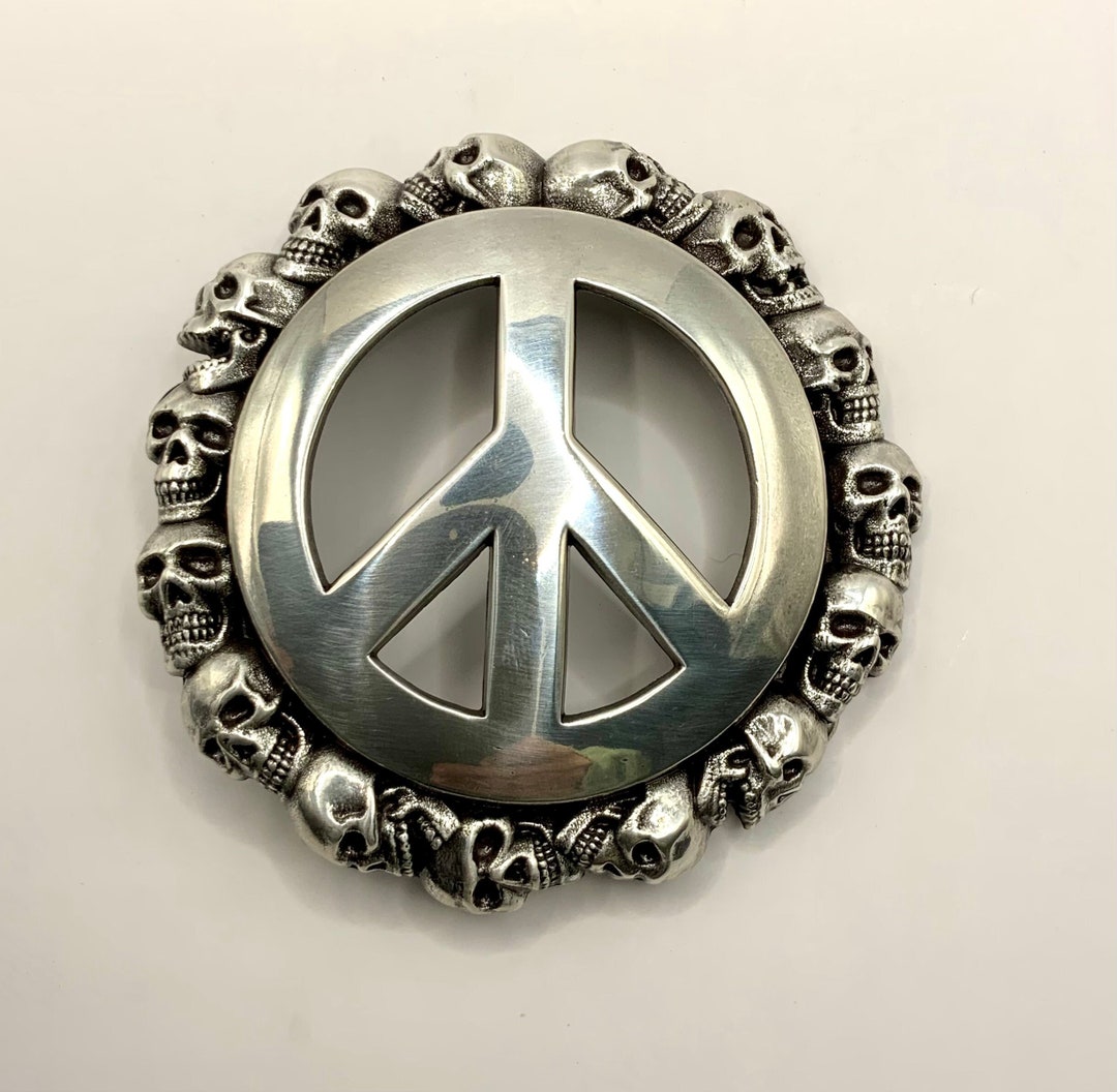 Peace Sign Buckle With Skull Border Skull Belt Buckle Antique Silver - Etsy