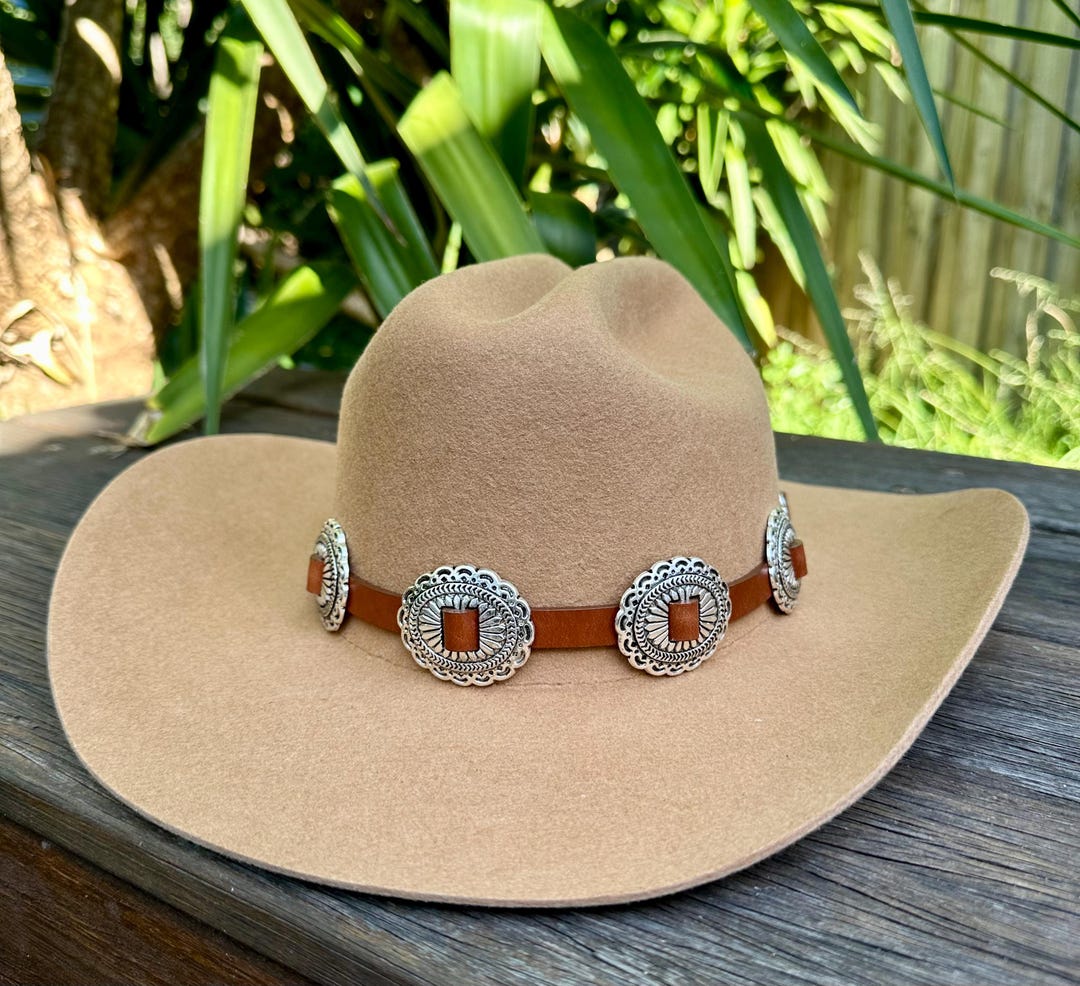 Western Leather Cowboy Hat Band, Tan. Silver Southwestern Traditional ...