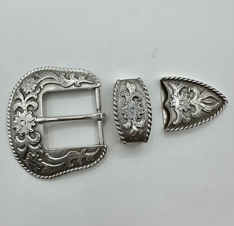 Classic Western 3 Piece Belt Buckle Set, Floral and Vine Design, Cowboy ...