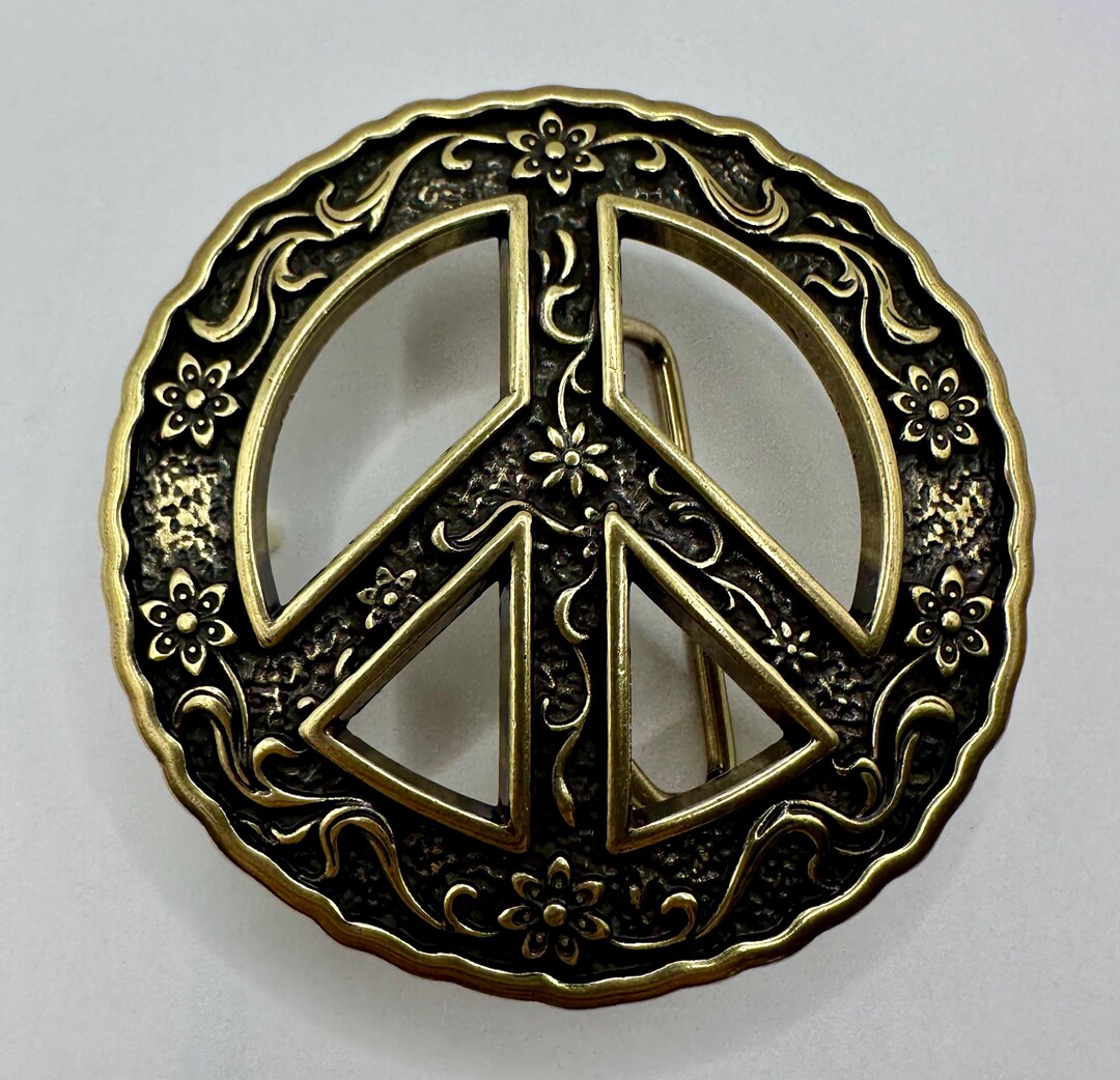 Peace Sign Interchangeable Belt Buckle Floral Engraved Heavy Wavy ...