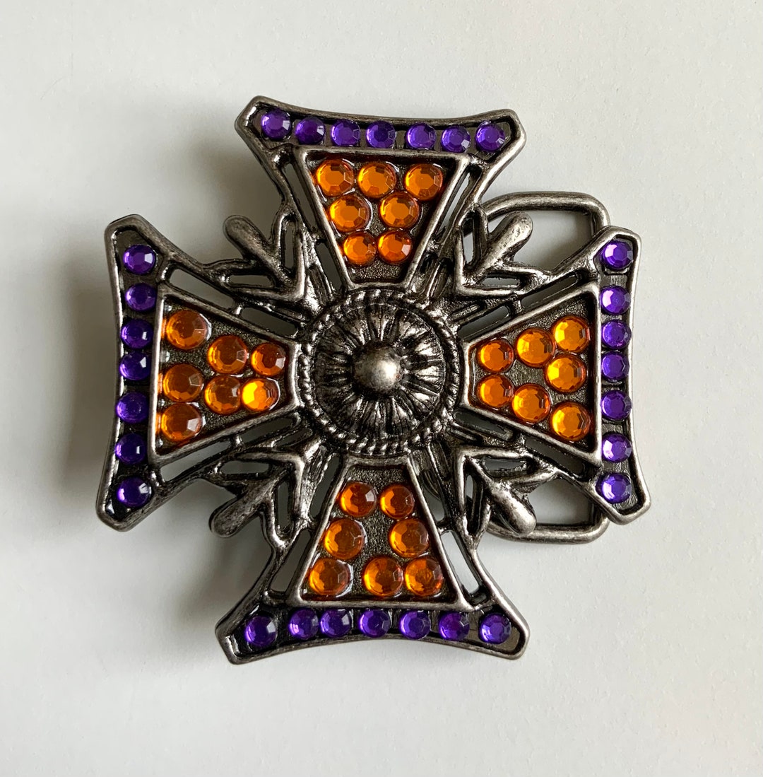 Glamrock Vintage Gothic Cross Belt Buckle Purple and Orange Rhinestones ...