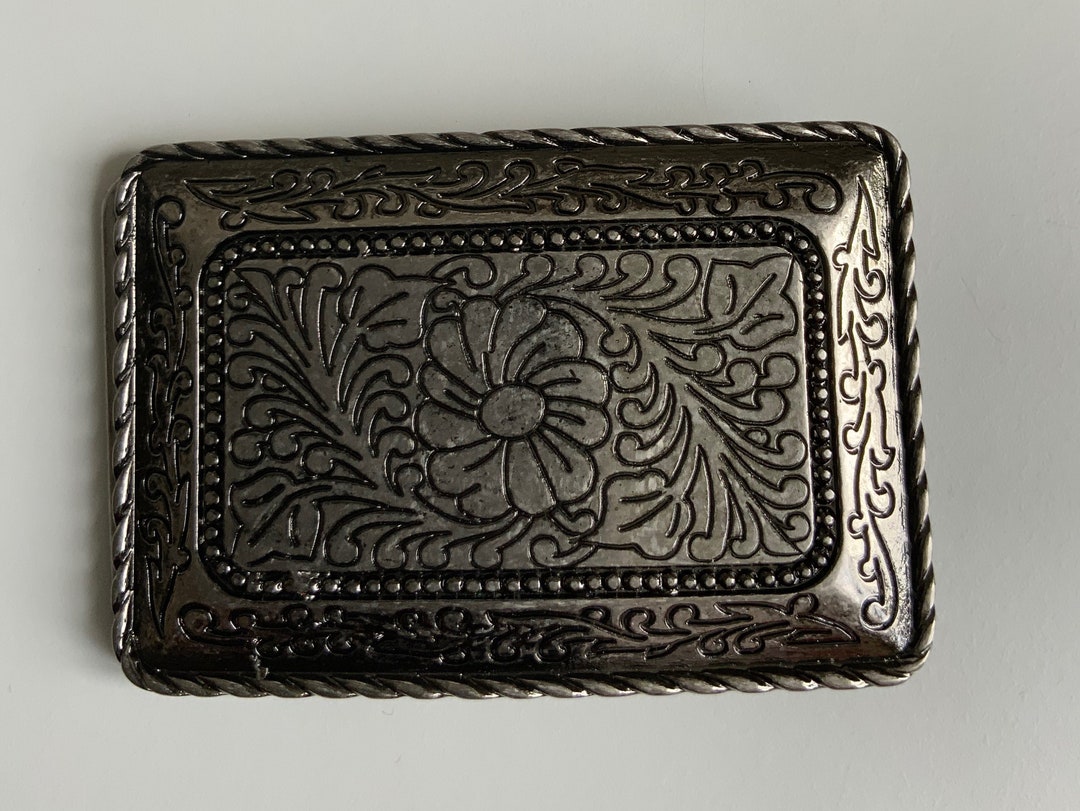 Antique Nickel Rectangle Belt Buckle With Floral Western Art Deco ...