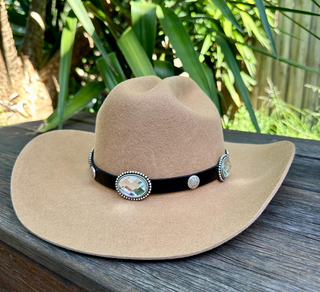 Cowboy Hat Bands Leather Black. Silver Glass Conchos Glam Country ...