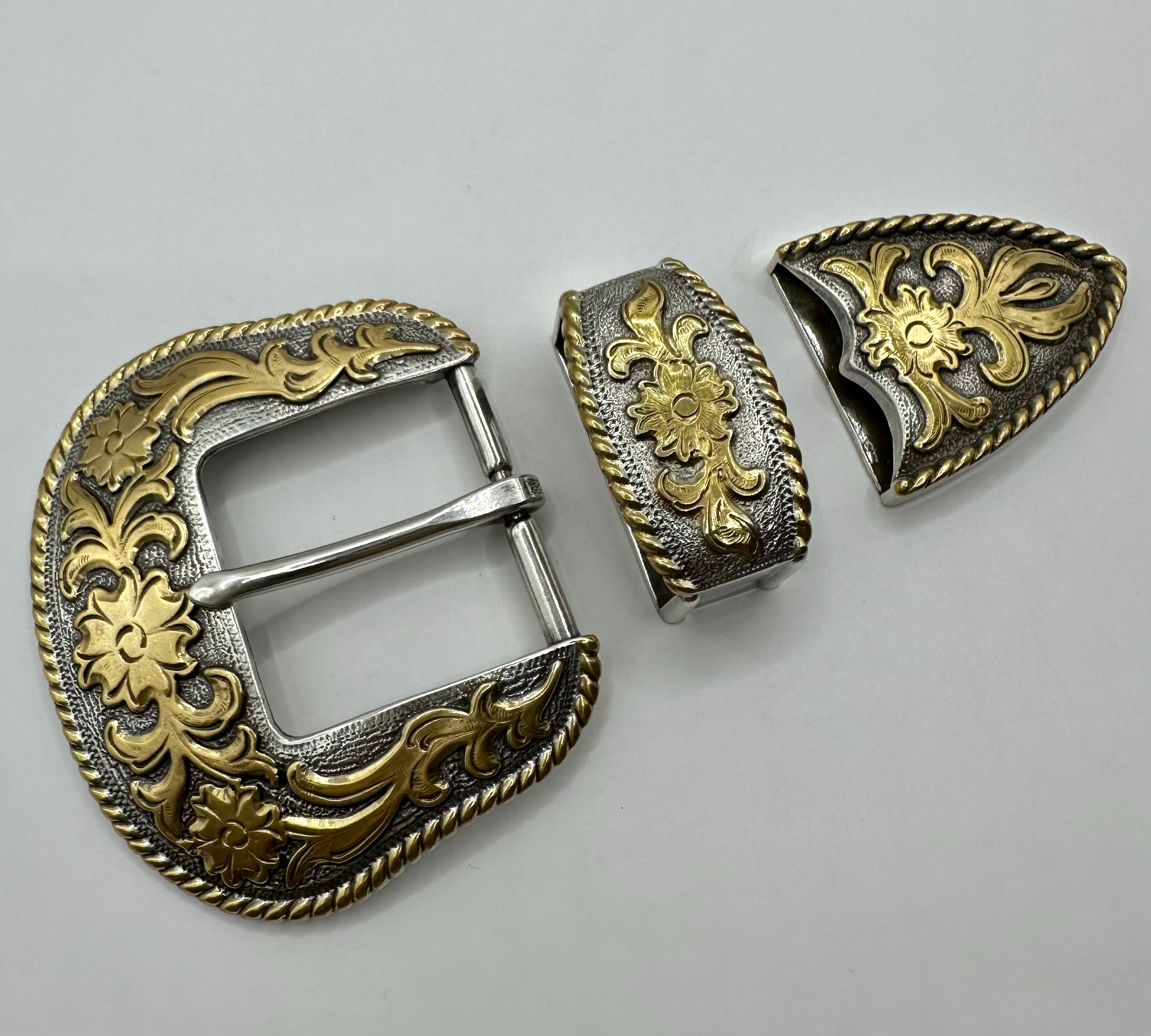 Classic Western 3 Piece Belt Buckle Set, Floral and Vine Design, Cowboy ...