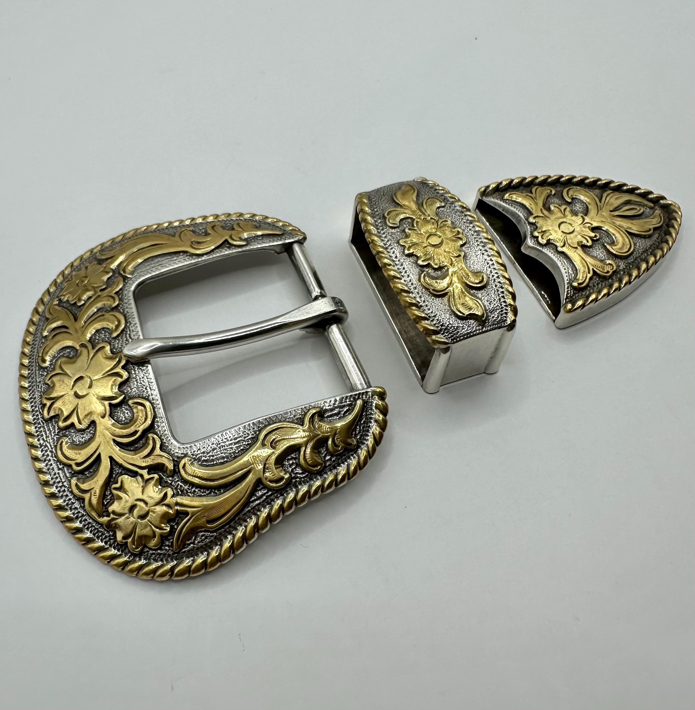 Classic Western 3 Piece Belt Buckle Set, Floral and Vine Design, Cowboy ...