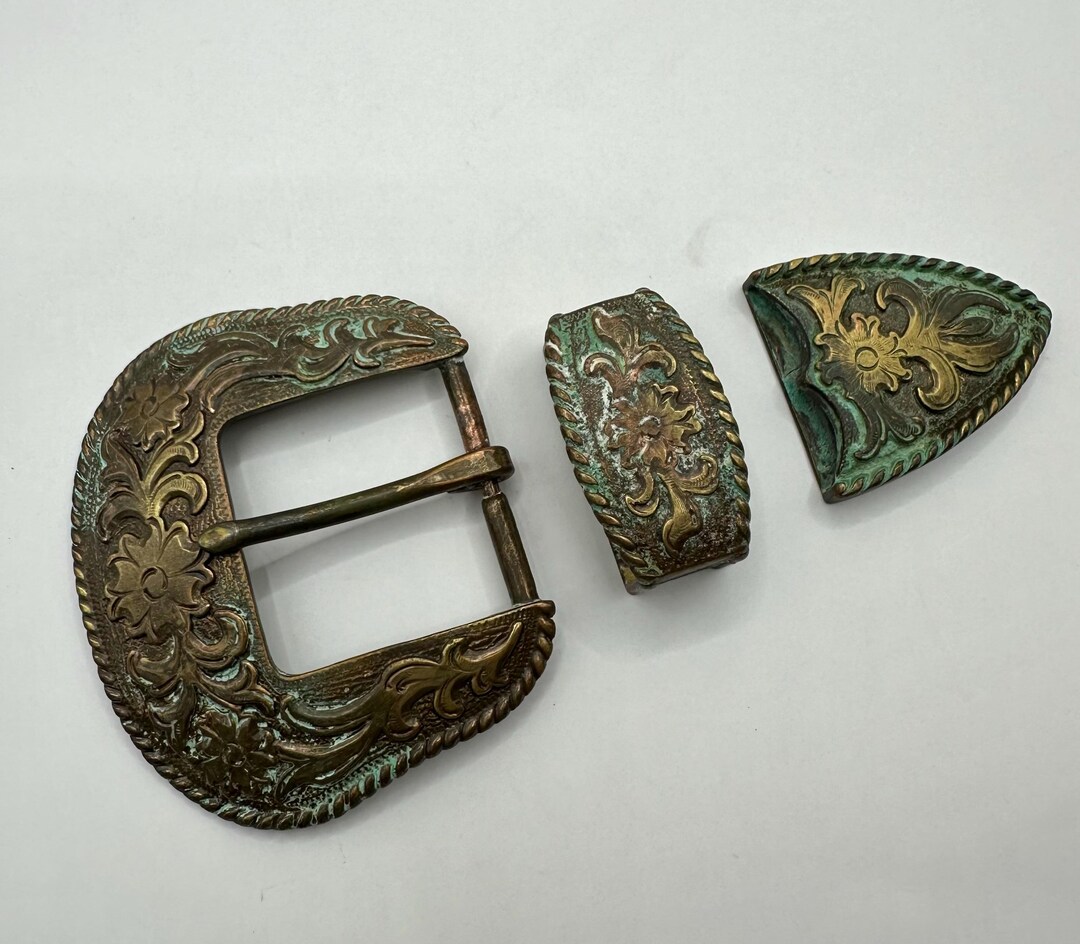 Classic Western 3 Piece Belt Buckle Set, Floral and Vine Design, Cowboy ...