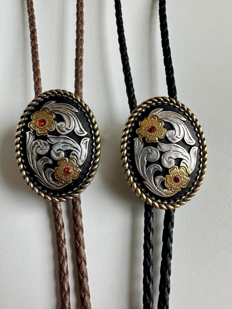 Silver and Brass Floral Western Bolo Tie, Rope Handmade Necktie ...
