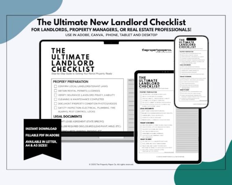Landlord Checklist Printable - Color Pack | Rental Property Checklist ...