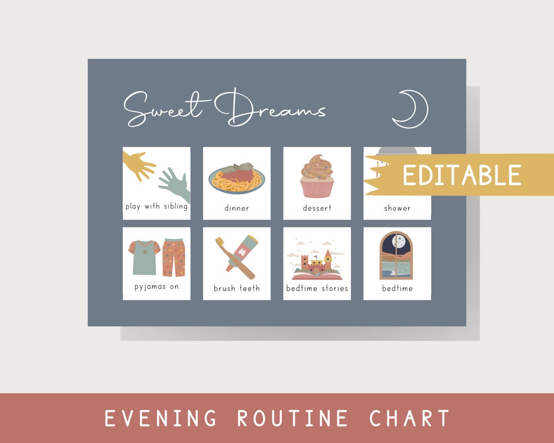 Editable Evening Routine Chart, Bedtime Chart, Editable Kids Routine ...