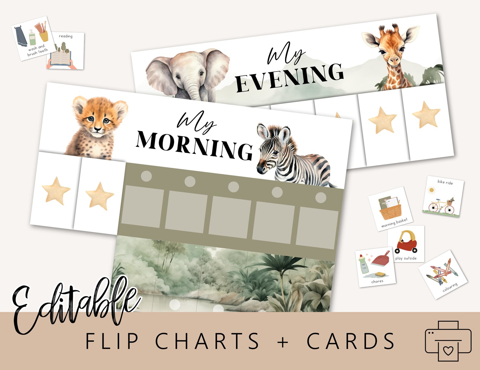 Safari Animals Routine Flip Chart, Editable Morning Bedtime Chart ...