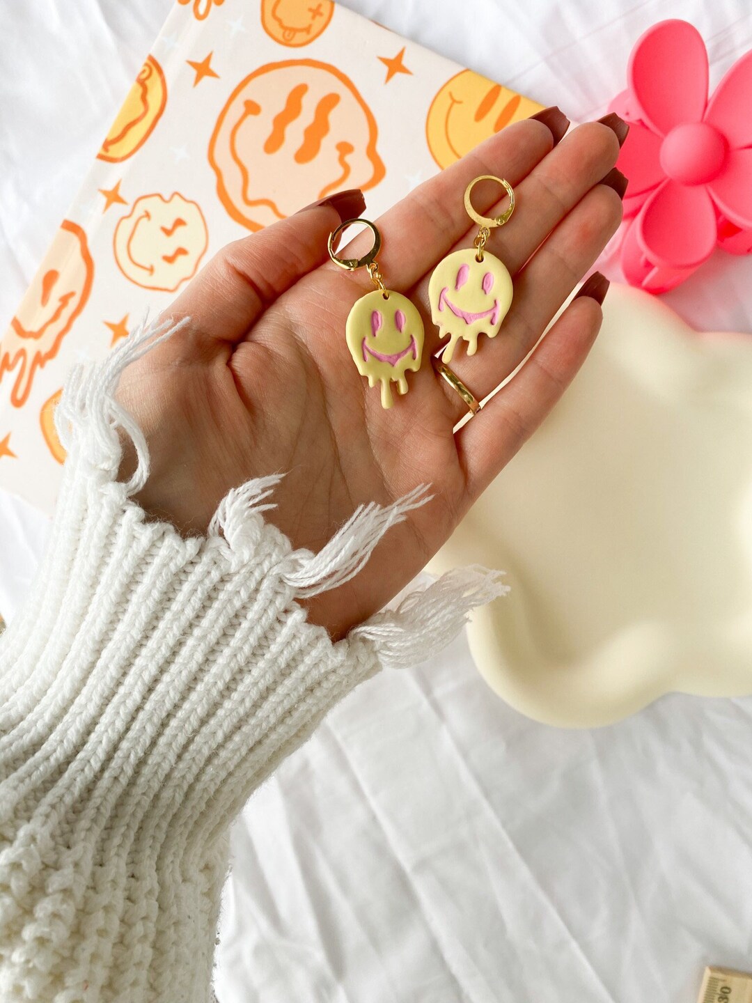 Y2K Drippy Smile Face Earrings: Handmade Polymer Clay - Etsy
