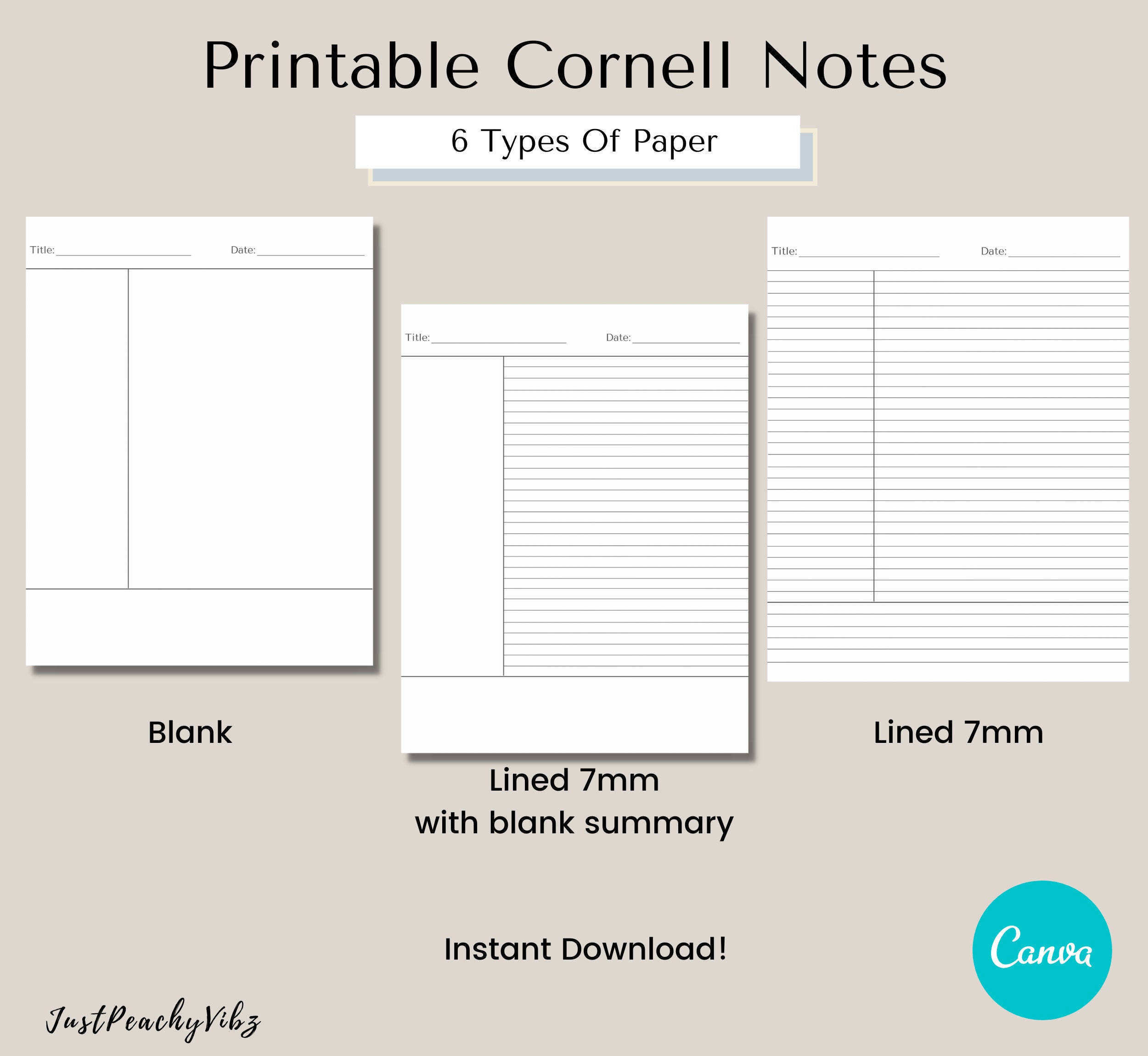 Cornell Notes Printable, Half & Letter Size, Lined Template (PDF) - Etsy