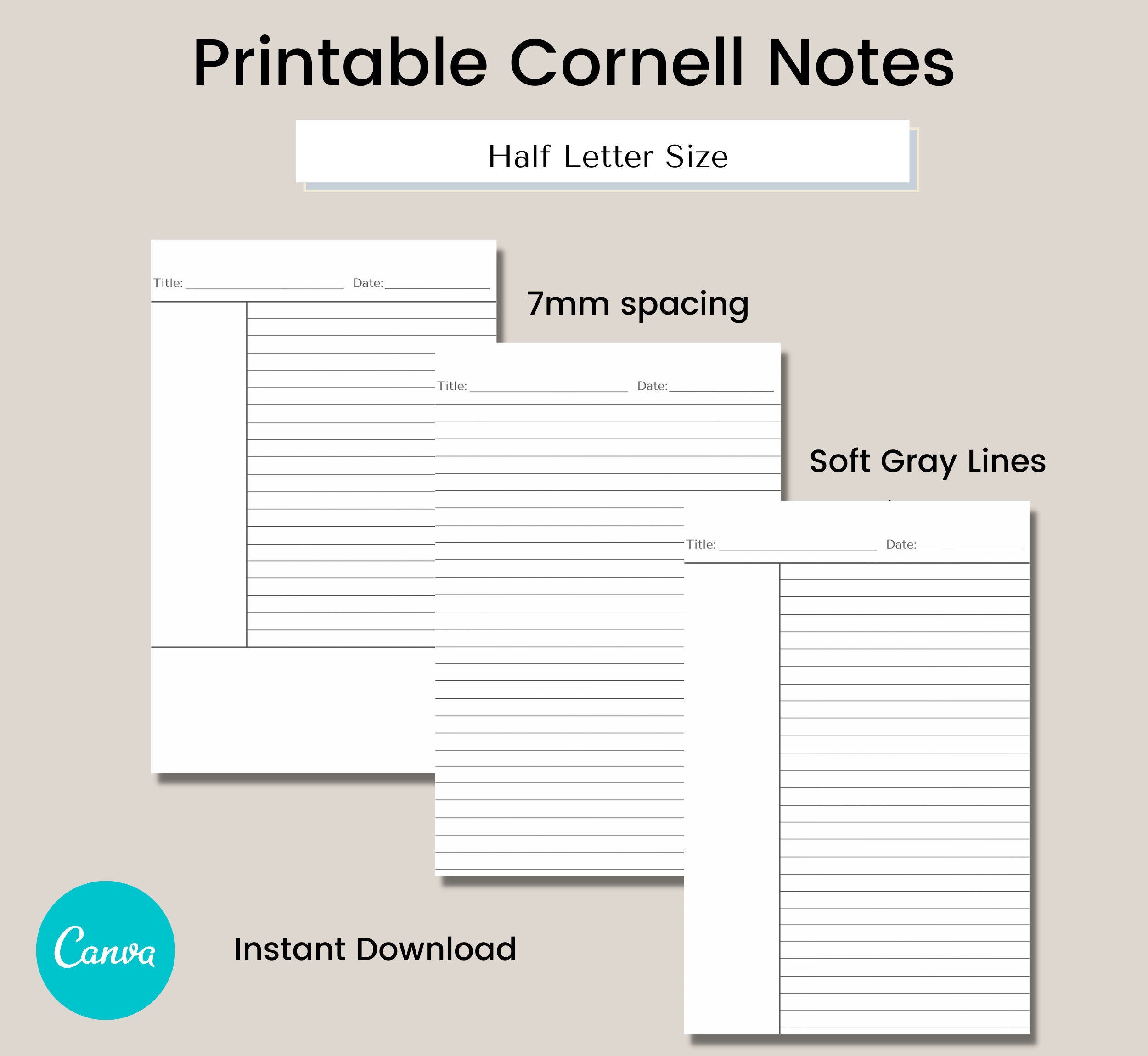 Printable Cornell Notes, Half Letter Size Inserts, Study Notes Template ...
