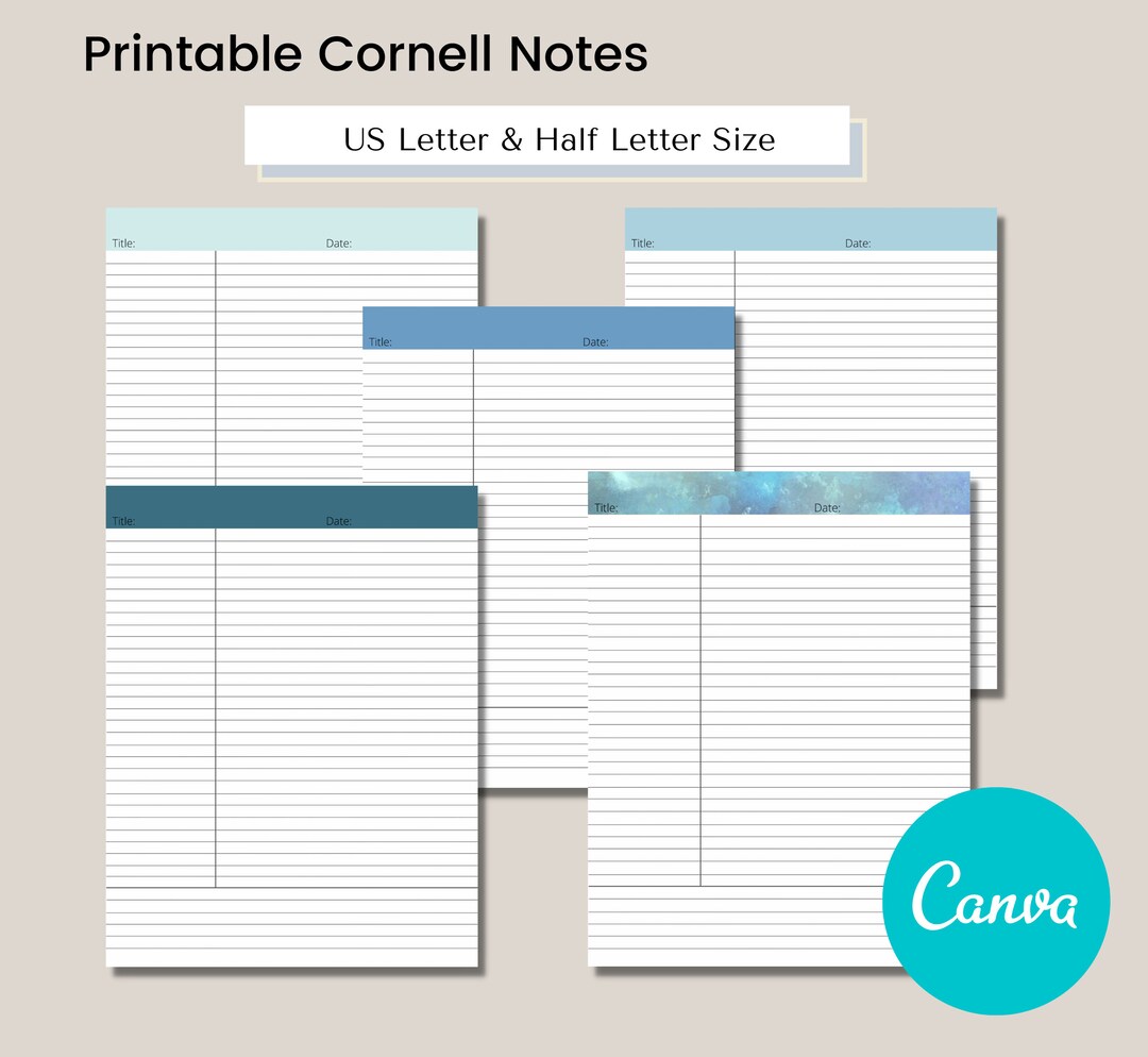 Blue Cornell Notes Printable, Half Size & Letter Note Bundle, Cornell ...