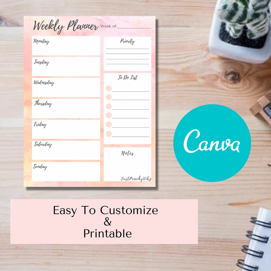 Weekly Planner Printable PDF, Editable Canva Planner Template, Daily ...