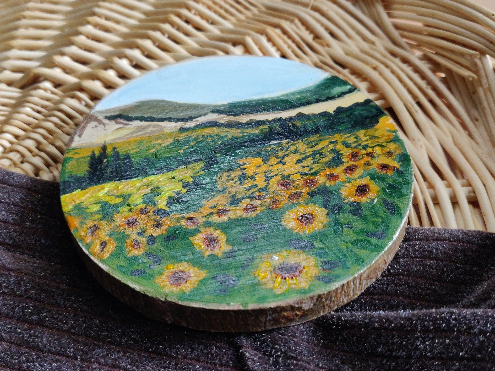Sunflower Fields Wood Slice Painting - Etsy