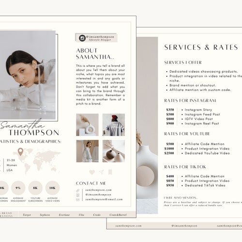 Influencer Media Kit Template Instagram and Tiktok Rate Card - Etsy