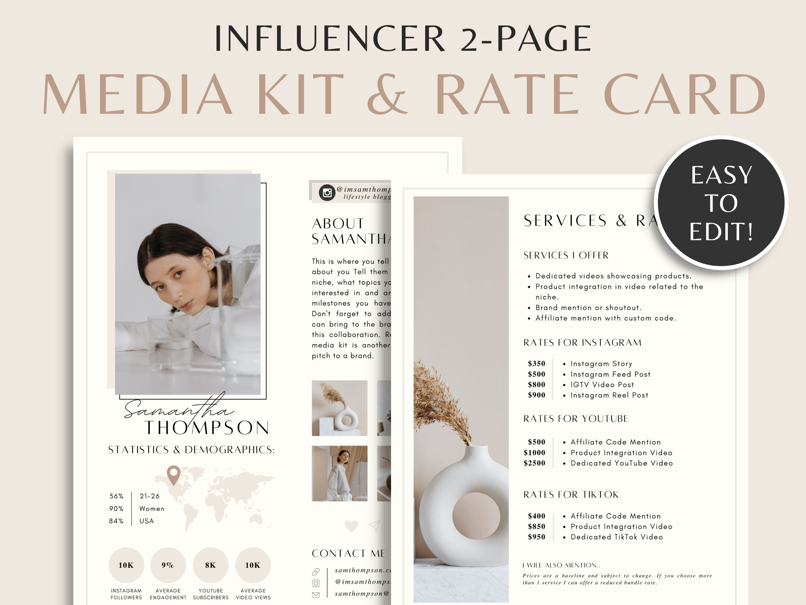 2 Page Media Kit Rate Card Template Instagram Influencer Etsy Australia