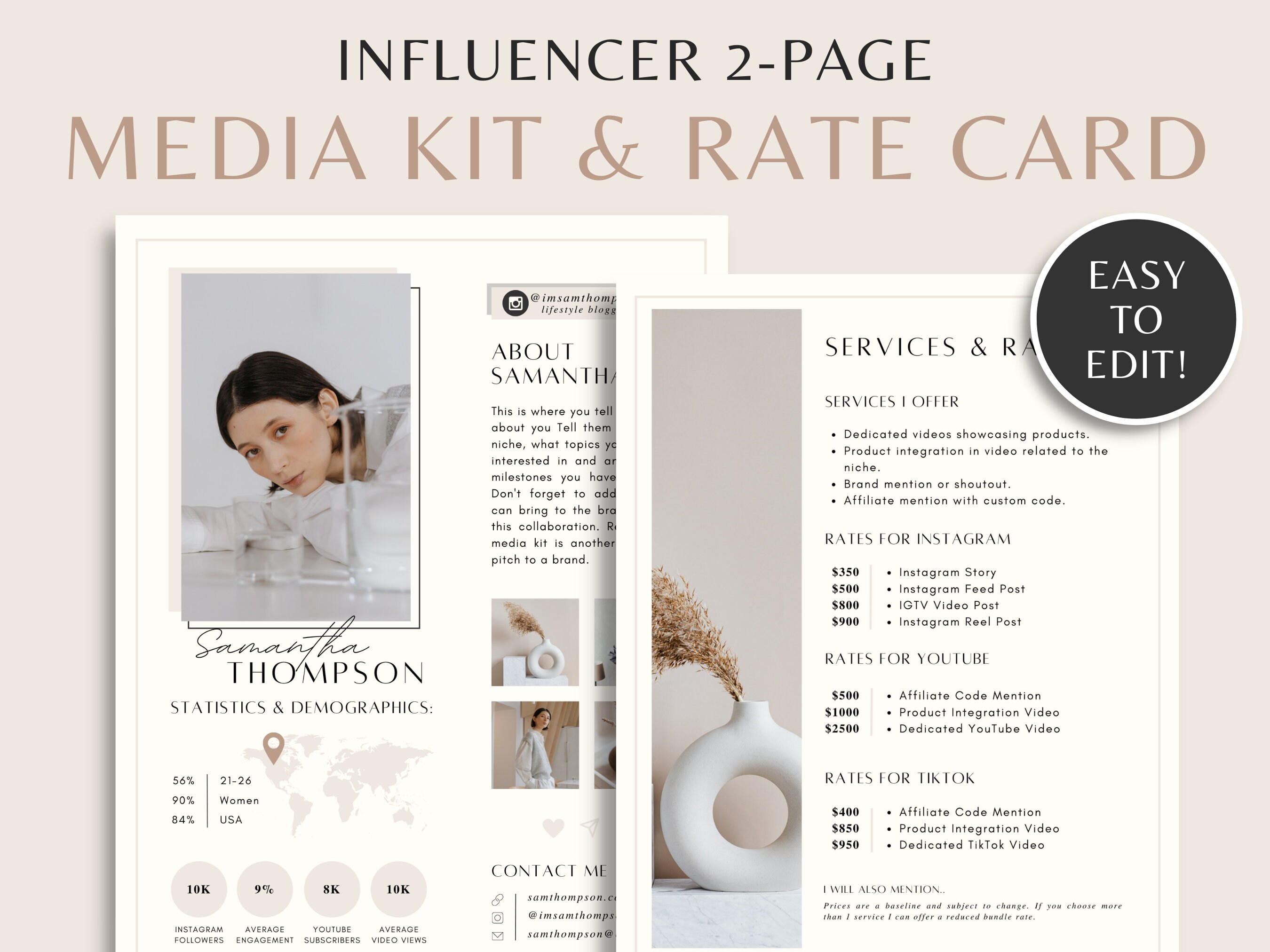 2 Page Media Kit Rate Card Template Instagram Influencer Etsy Australia