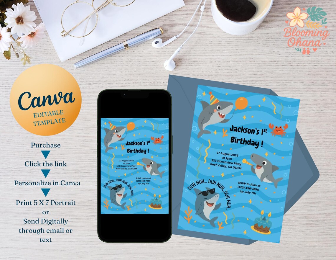 Shark Invitation — Editable Canva Template | Birthday Party Digital ...