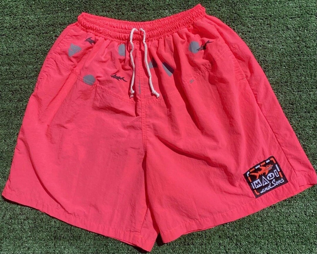 VTG 80’s Maui and Sons Neon Pink Sharks Surf Beach Shorts Mens Medium ...