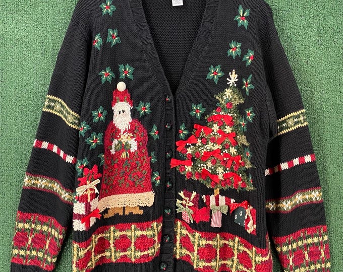 VTG Y2K Santa Christmas Tree Holiday Cardigan Sweater Womens Sz Large ...