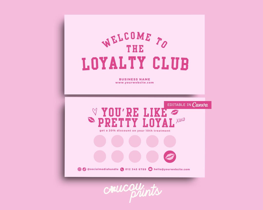 Pink Loyalty Card Template Canva, Editable Customer Punch Card ...