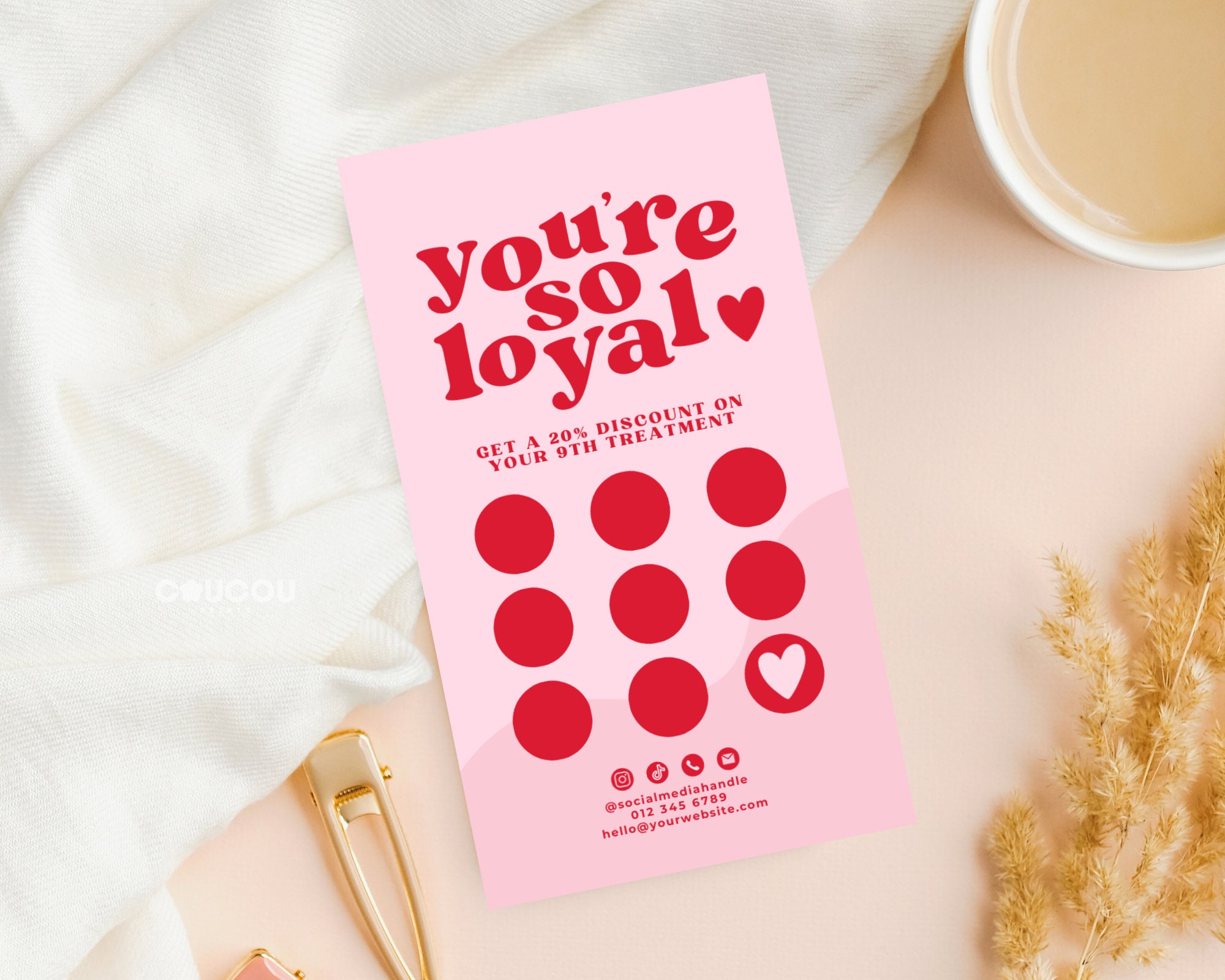 Pink Loyalty Card Template Canva, Editable Customer Punch Card ...