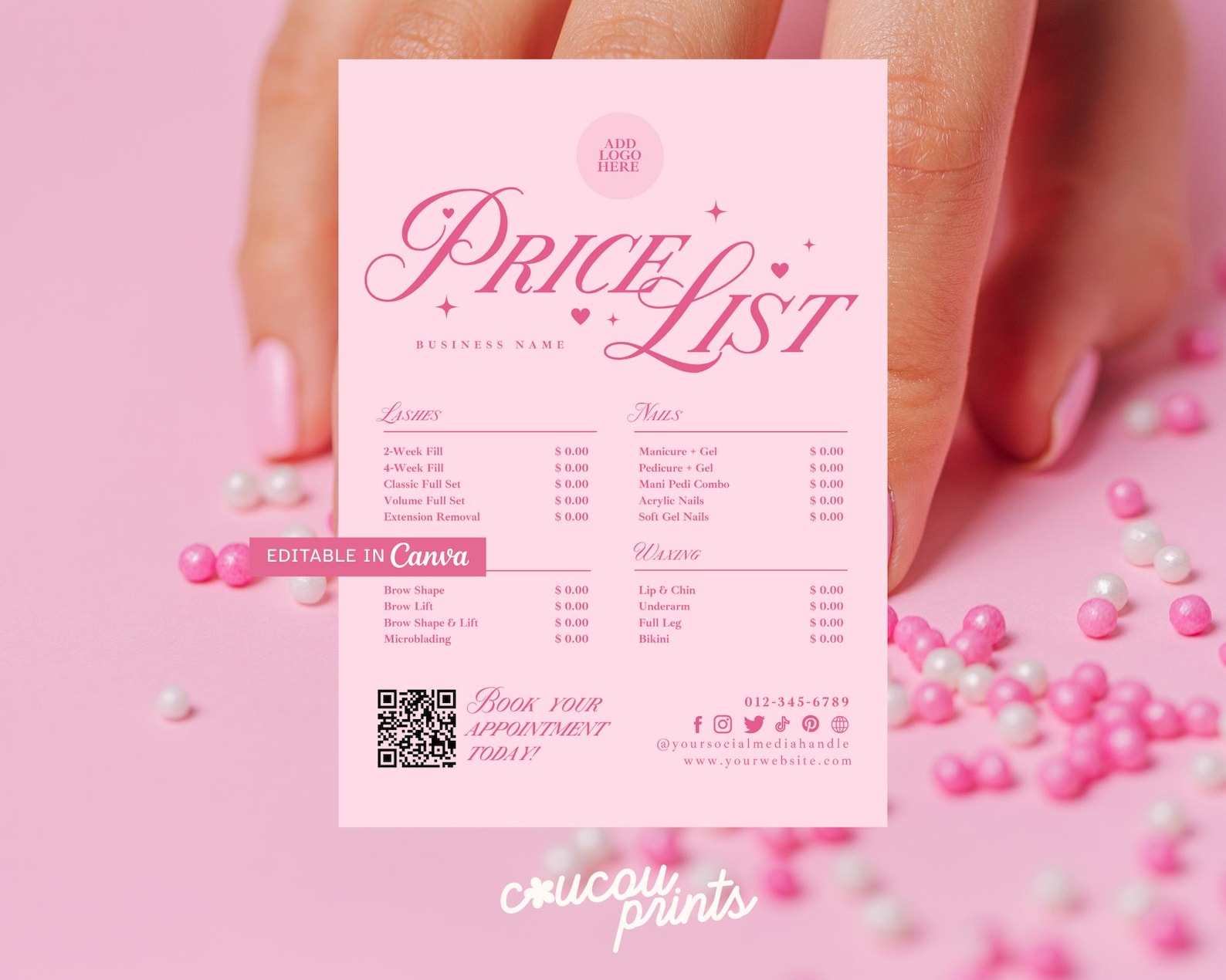 Editable Pink Price List Template Canva, Printable Payment Sign, Beauty ...