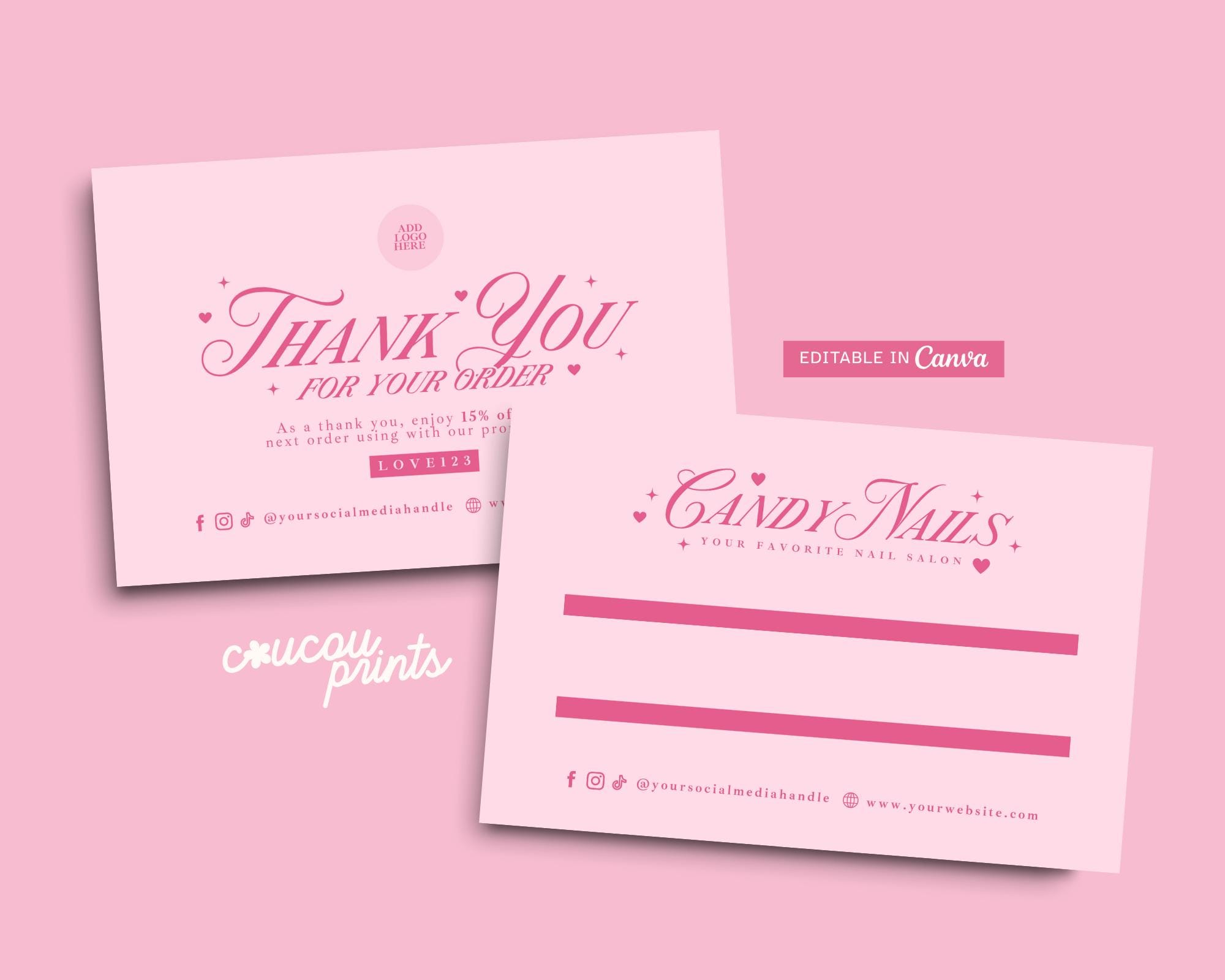 Pink DIY Press on Nails Card Templates, Editable Stick the Fake Nails ...