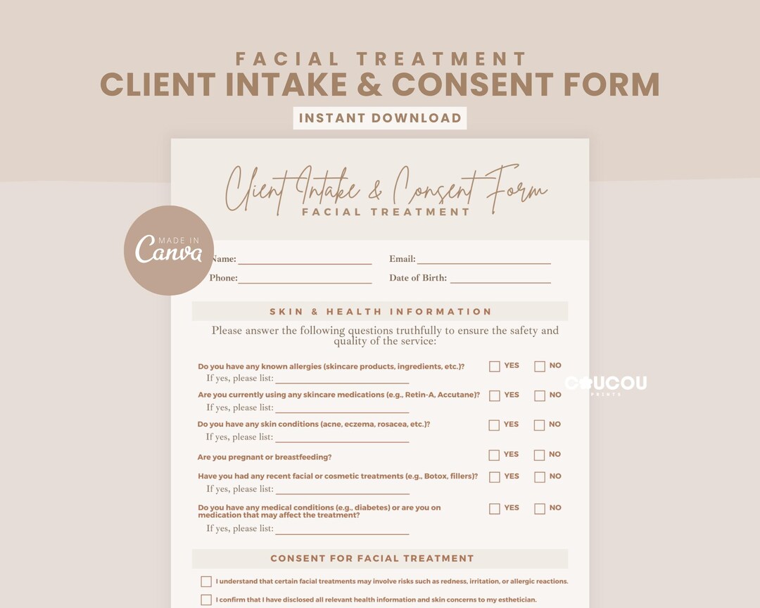 Editable Facial Treatment Forms, Printable Esthetician Templates ...