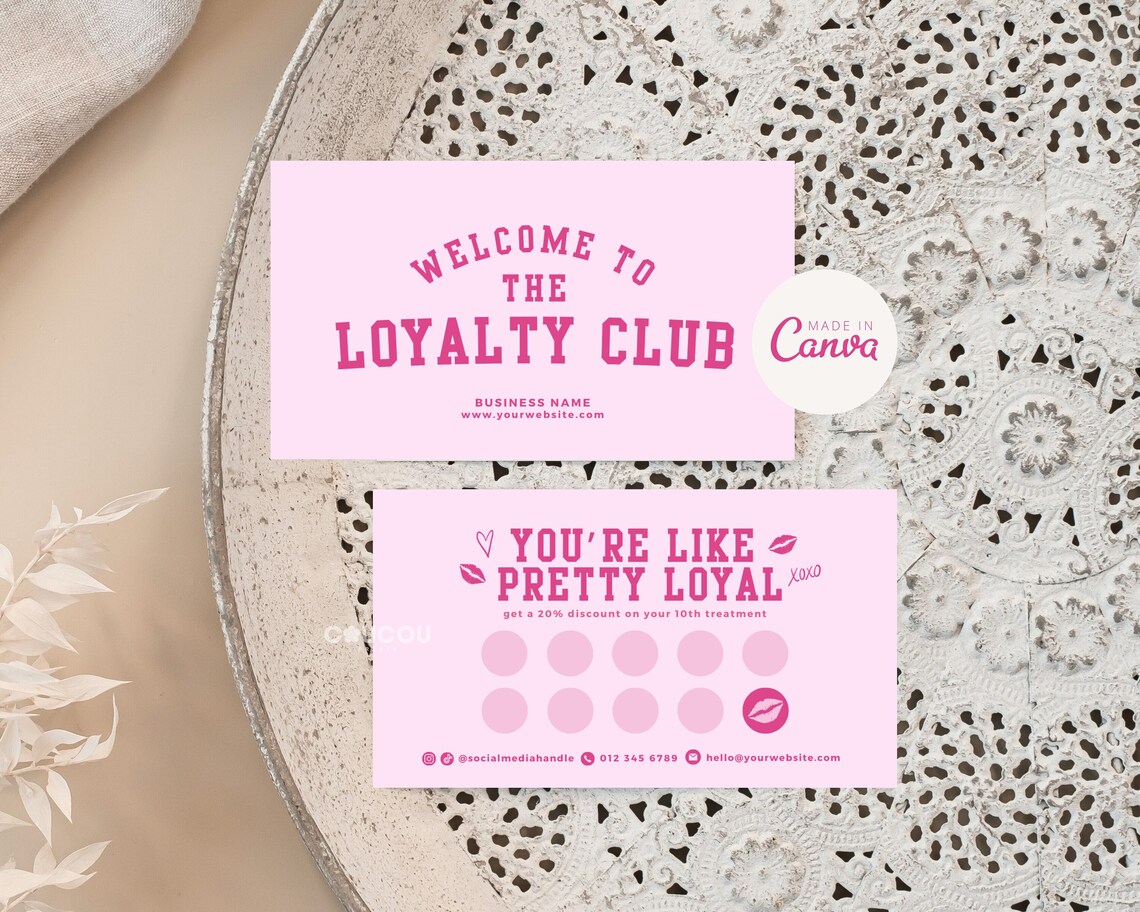 Pink Loyalty Card Template Canva, Editable Customer Punch Card ...