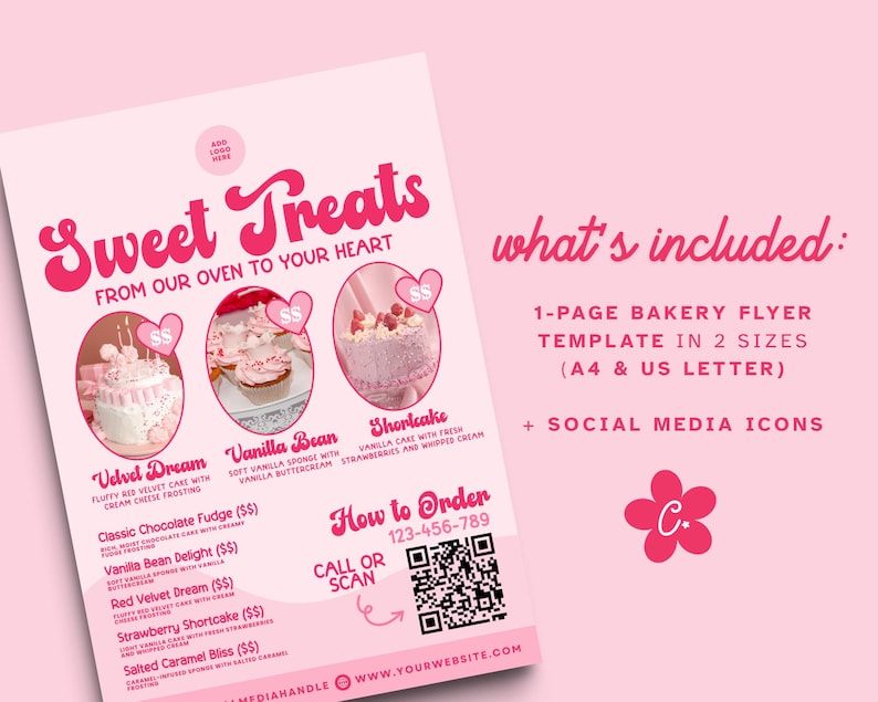 Pink Bakery Marketing Flyer Canva Template, Premade Cupcake Cake ...