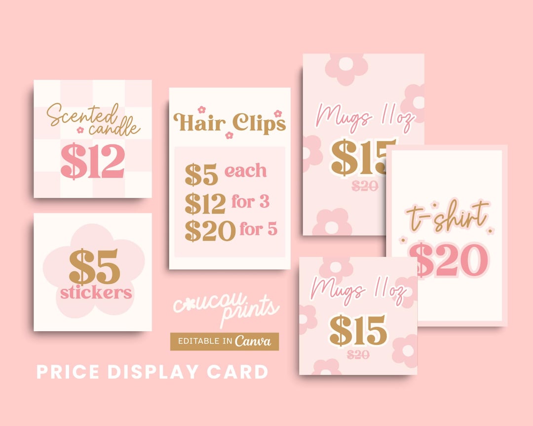 Cute Price Display Cards Editable Canva Template, Pastel Pink Printable ...