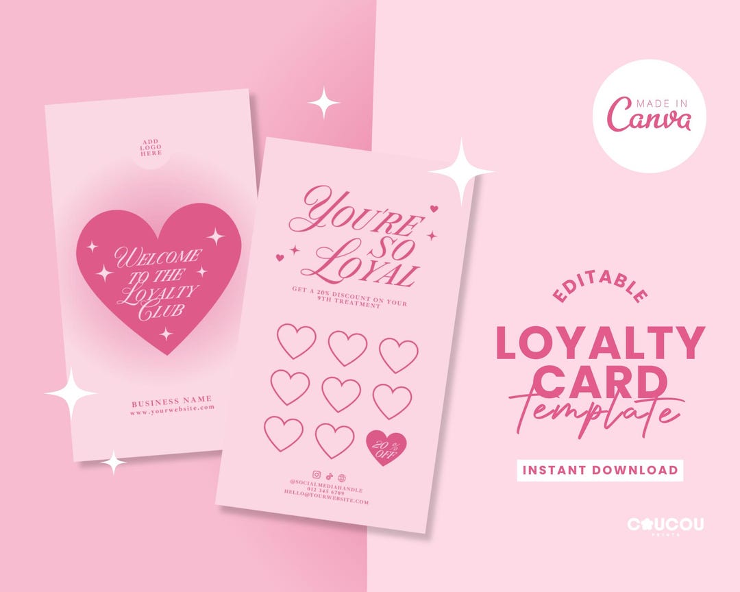 Pink Loyalty Card Template Canva, Editable Customer Punch Card ...