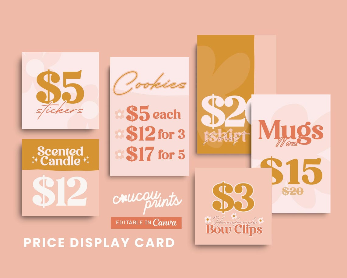 Editable Price Display Cards Canva Template, Printable Boho Pop-up Shop ...