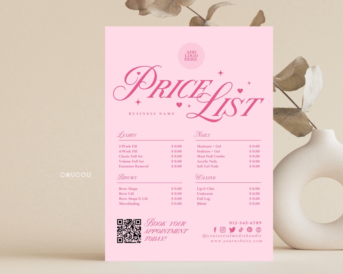 Editable Pink Price List Template Canva, Printable Payment Sign, Beauty ...