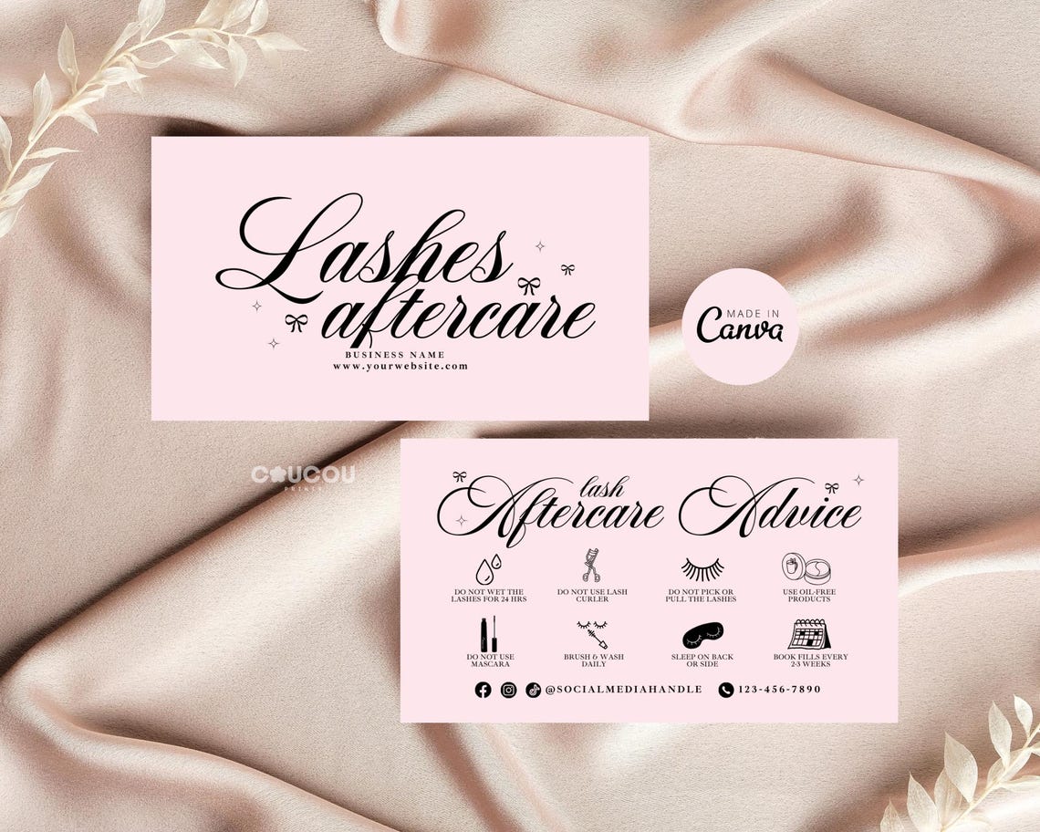 Editable Lash Aftercare Card Template, Printable Aftercare Lash Card ...