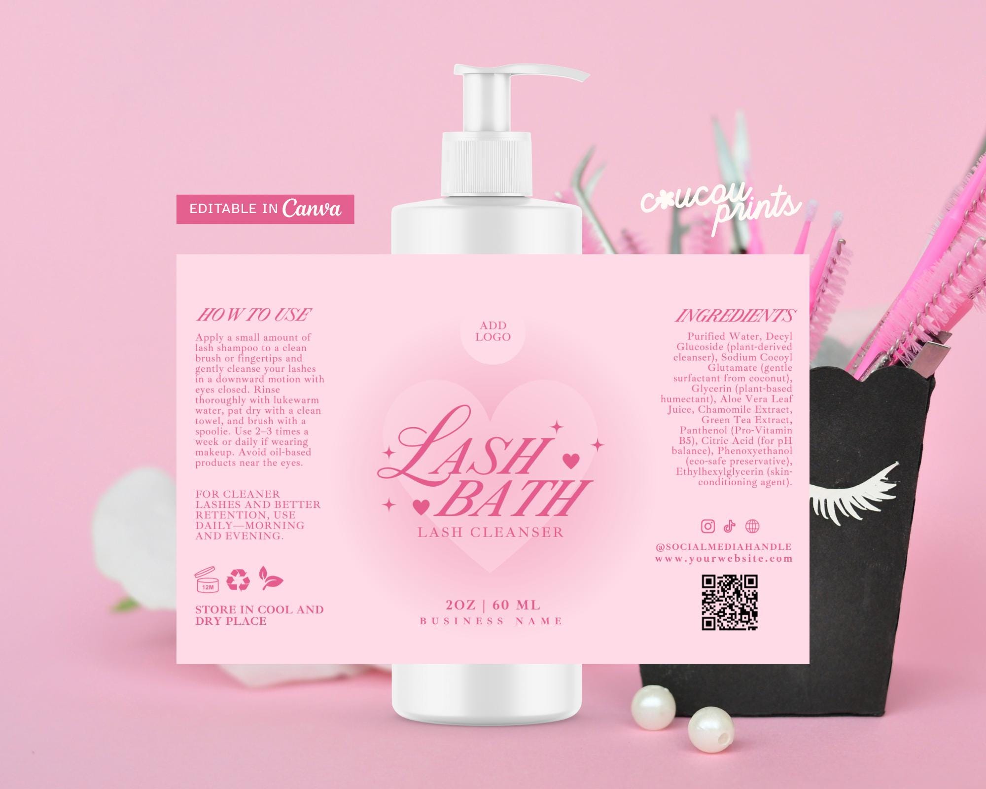 Pink Lash Shampoo Label Template, Editable Lash Bath Label Canva ...