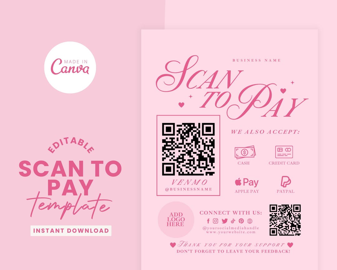 Editable Pink Scan to Pay Card, QR Code Template, Printable Payment ...
