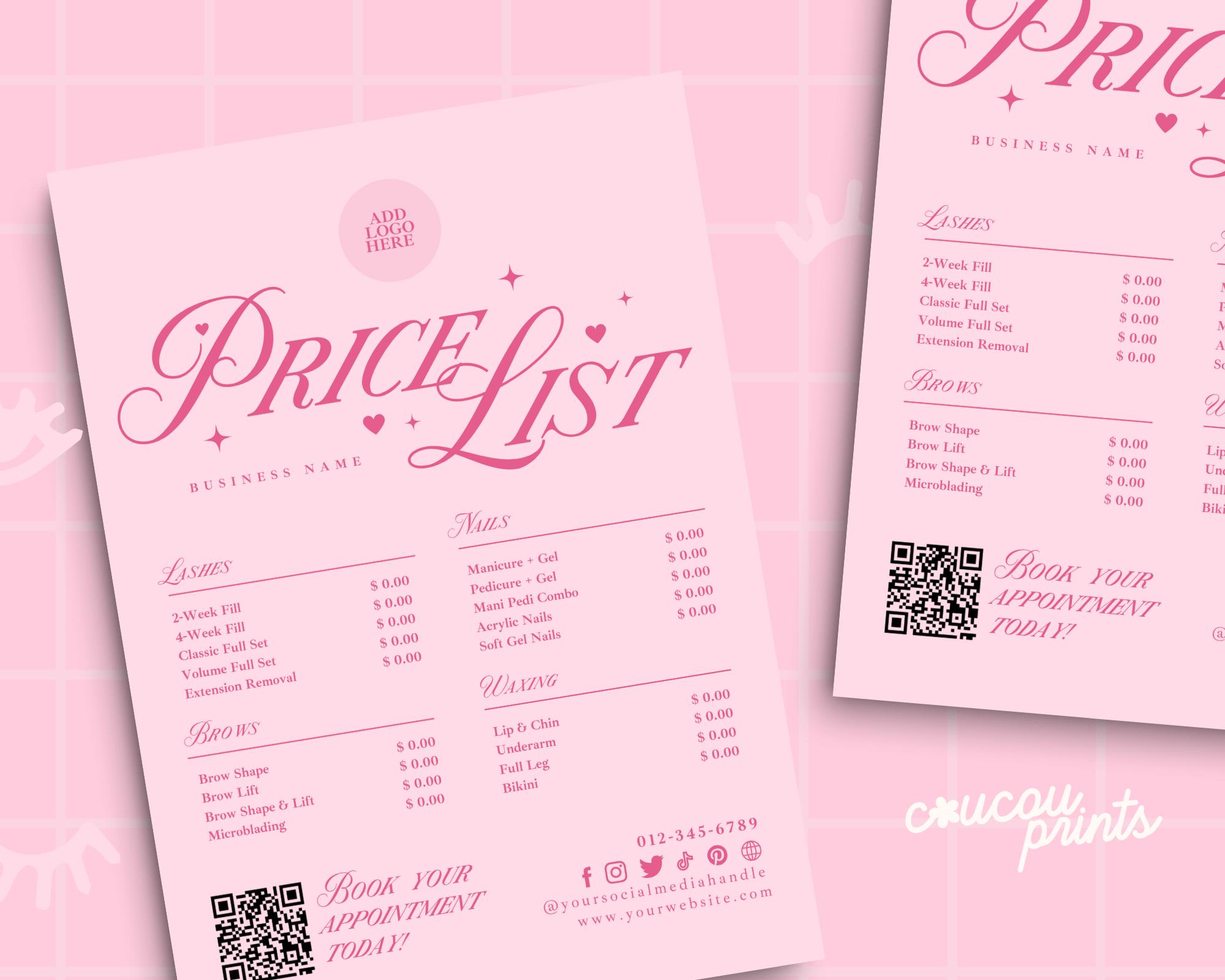 Editable Pink Price List Template Canva, Printable Payment Sign, Beauty ...