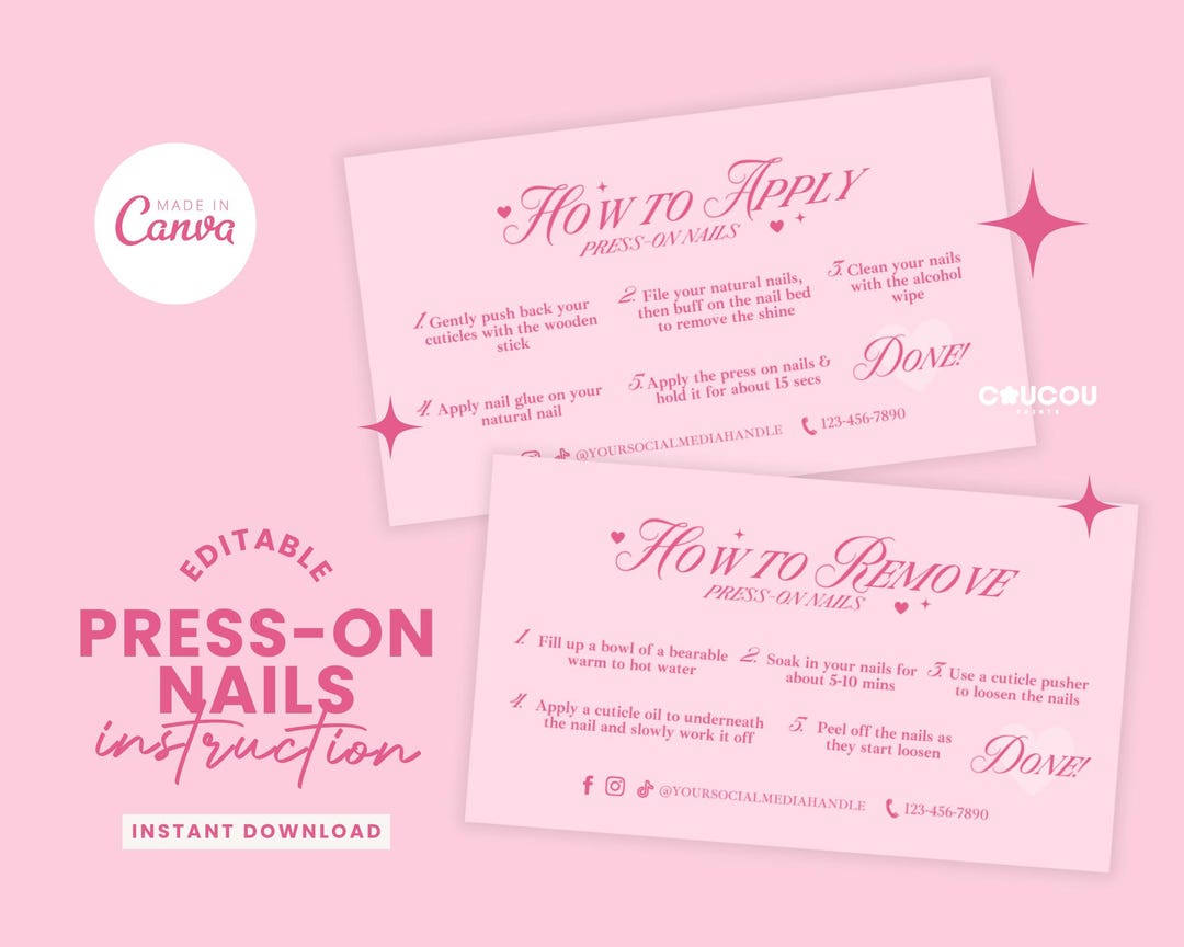 DIY How to Apply Press on Nails Instructions Card, Editable Fake Nails ...