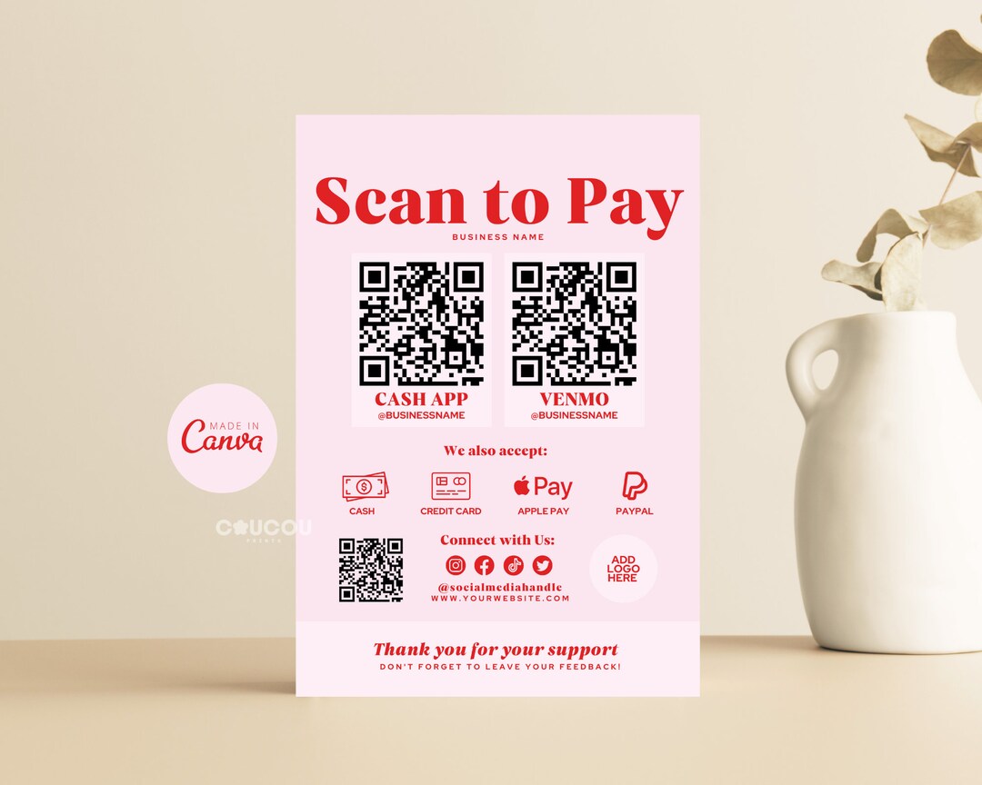 Editable QR Code Sign Template, Printable Pink Scan to Pay, Venmo ...