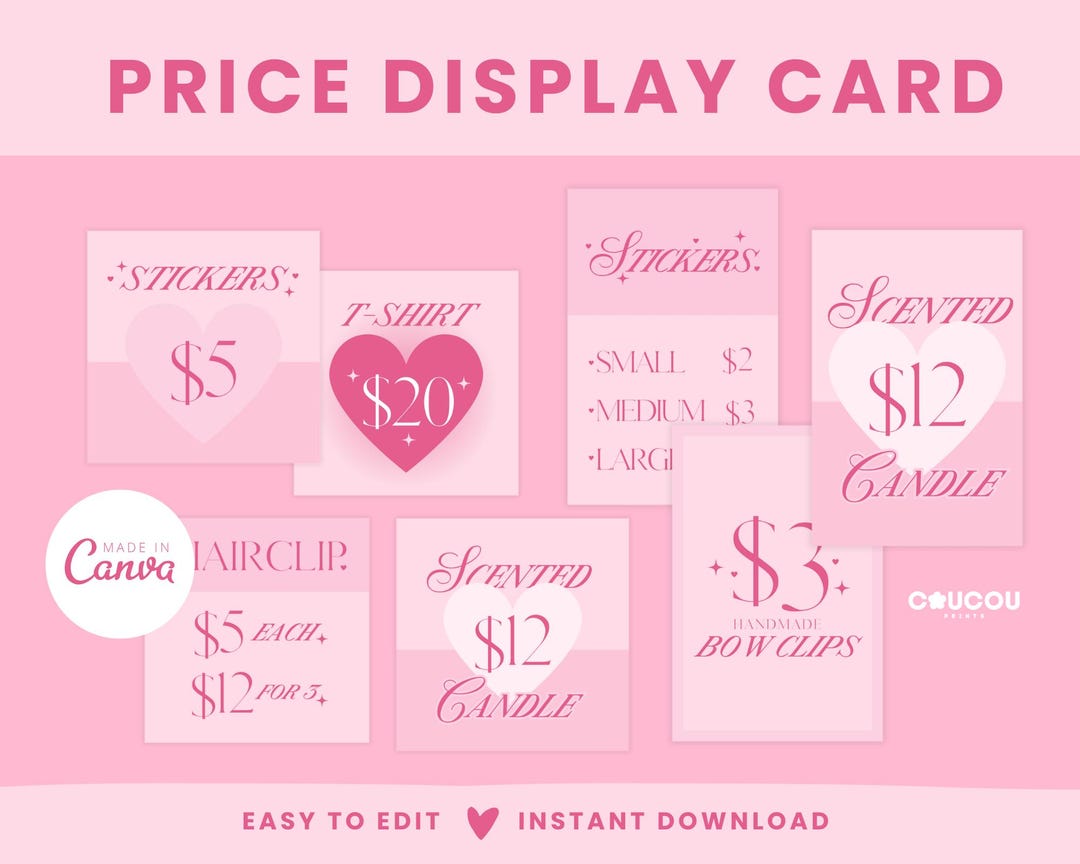 Editable Pink Price Display Cards Canva Template, Printable Pop-up Shop ...