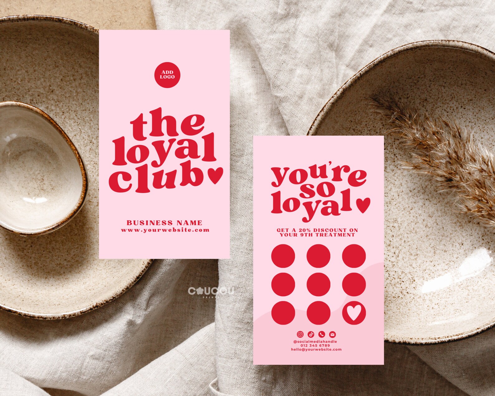 Pink Loyalty Card Template Canva, Editable Customer Punch Card ...