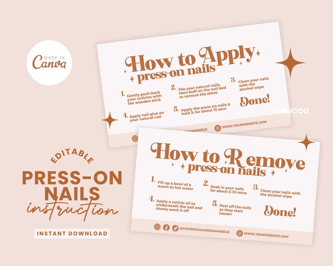 How to Apply Press on Nails Instructions Card, Editable Fake Nails ...